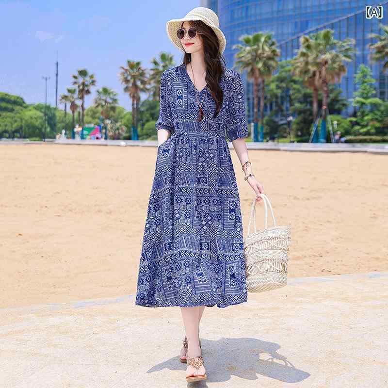 ・カテゴリ: ワンピース・スタイル: エレガント、通勤・主な素材: ポリエステル90%-95%・柄: 花柄、プリント・ネックライン: Vネック・袖丈: 七分袖・ウエスト: ハイウエスト・スカート丈: ロング丈・スカートタイプ: Aライン・フ...