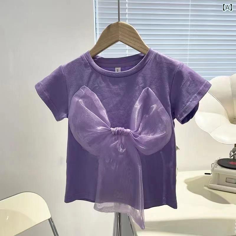 ・カテゴリ: Tシャツ・性別: 女児・スタイル: 韓国・主な素材: 綿95%・ネックライン: クルーネック・袖丈: 半袖・柄: 無地・: 蝶結び・生地加工: 柔軟処理・機能: 静電気防止・カラー展開: パープル、ブルー、アプリコット・サイズ...