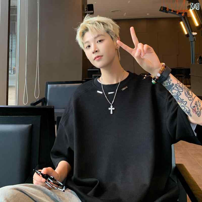 ・カテゴリ: Tシャツ・スタイル: 日式レトロ・デザイン: プルオーバー・シルエット: ルーズフィット・ネックライン: クルーネック・袖丈: 五分袖・袖タイプ: レギュラー・柄: 無地・デザインディテール: メタル装飾・主な素材: ポリエス...
