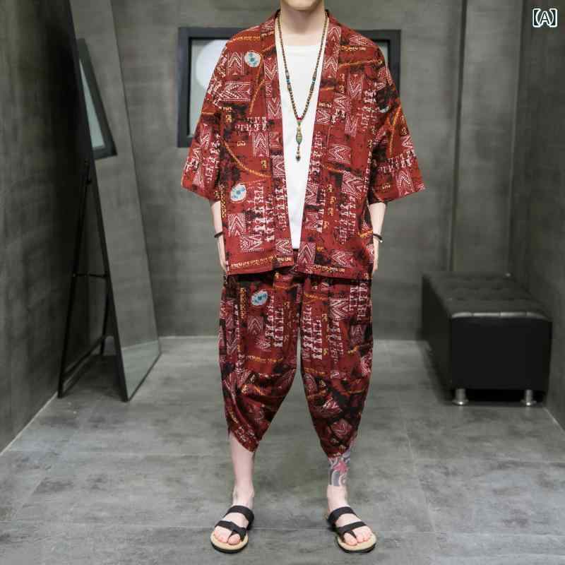 ・カテゴリ: 漢服・スタイル: 中国風・主な素材: 綿・シーン: カジュアル・対象: 青年・対象性別: 男性・カラー展開: レッド、コーヒー・サイズ展開: M、L、XL、2XL、3XL、4XL、5XL