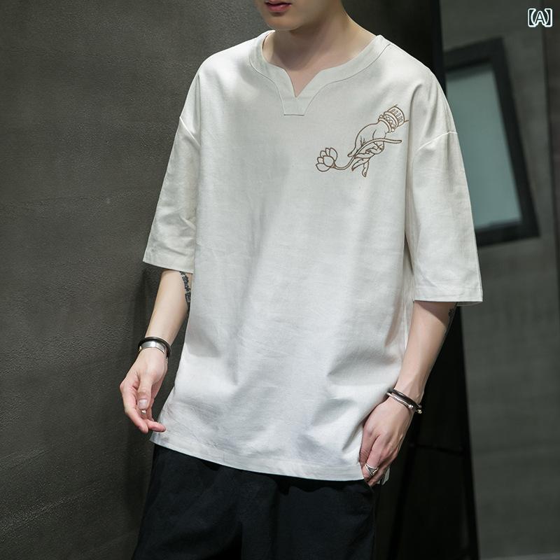 ・カテゴリ: Tシャツ・スタイル: エスニック・デザイン: プルオーバー・主な素材: 綿85%・加工: 刺繍・テーマ: 中国文化・ネックライン: Vネック・袖丈: 五分袖・袖タイプ: レギュラー・厚さ: 薄手・シルエット: ルーズフィット・...