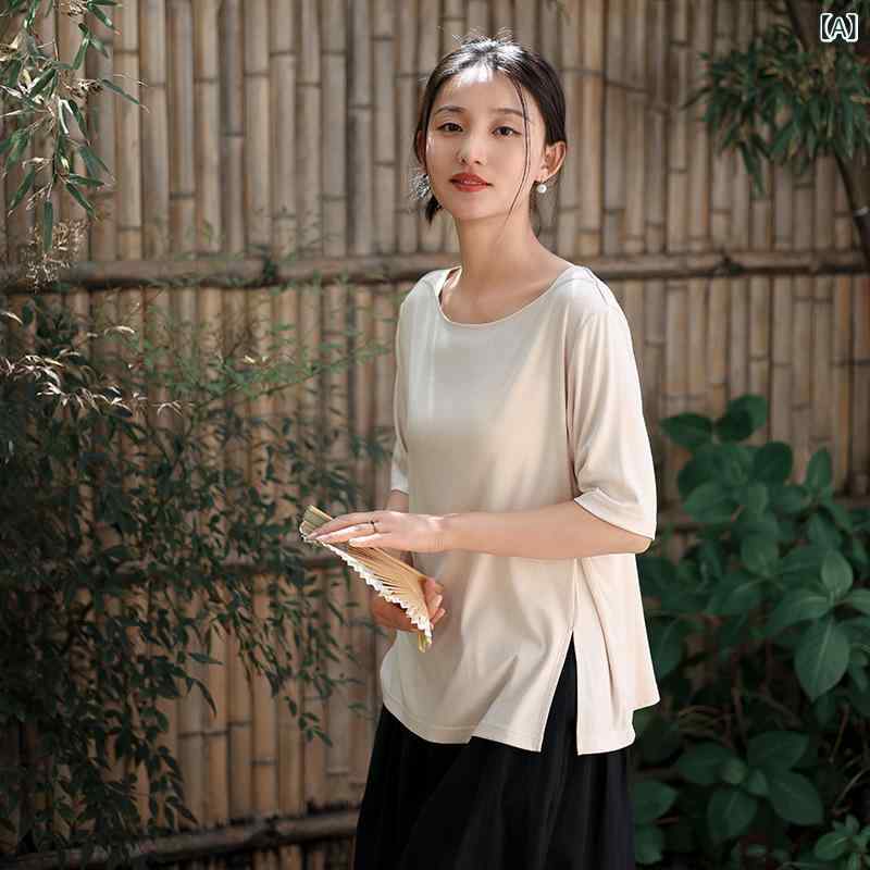 ・カテゴリ: Tシャツ・スタイル: 文芸レトロ、エレガント・主な素材: 羊毛、トリアセテート繊維・生地重量: 200g・ネックライン: クルーネック・袖丈: 半袖・柄: 無地・カラー展開: クリームアプリコット、リコリスグリーン、アンティー...