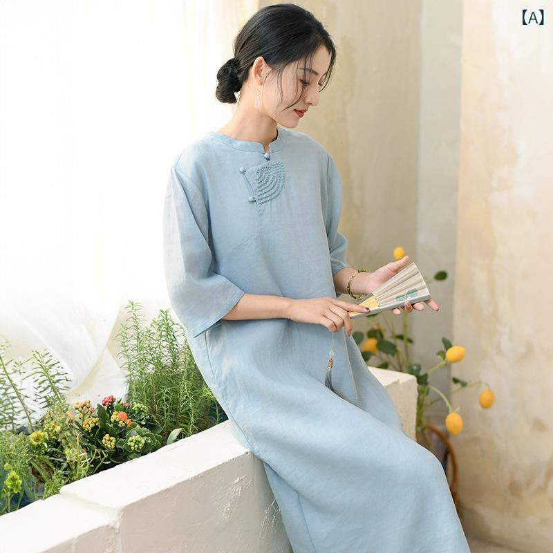 ・カテゴリ: ワンピース・主な素材: 苧麻 95%以上・加工: 刺繡・スタイル: ベーシック・セット内容: 単品・スカート丈: ロング丈・スカートライン: Aライン・ネックライン: スタンドカラー・袖タイプ: レギュラー・袖丈: 五分袖・ウ...
