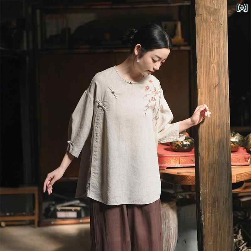 ・カテゴリ: Tシャツ・主な素材: 亜麻95%以上・柄: 花柄・スタイル: レトロ、プルオーバー、ルーズフィット・袖丈: 9分袖・加工: 刺繍・着丈: ミドル丈 (約65～80cm)・ネックライン: クルーネック・袖タイプ: ドルマンスリー...
