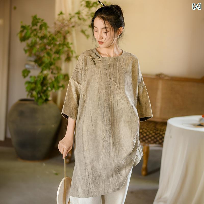 ・カテゴリ: ワンピース・タイプ: プルオーバー・主な素材: 亜麻95%以上・セット内容: 単品・スカート丈: ミディ丈・スカートシルエット: Aライン・ネックライン: クルーネック・袖丈: 七分袖・ウエスト: ルーズフィット・要素: ポケ...