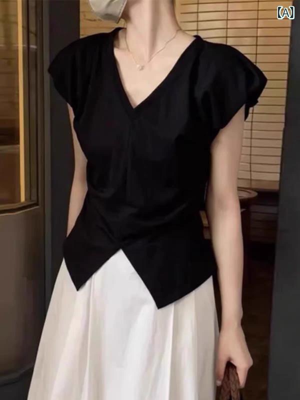 ・カテゴリ: Tシャツ・スタイル: 通勤、エレガント・タイプ: プルオーバー・主な素材: 綿90-95%、スパンデックス30%まで・ネックライン: Vネック・袖丈: ノースリーブ・袖タイプ: フリル袖・柄: 無地・フィット: スリム・着丈:...