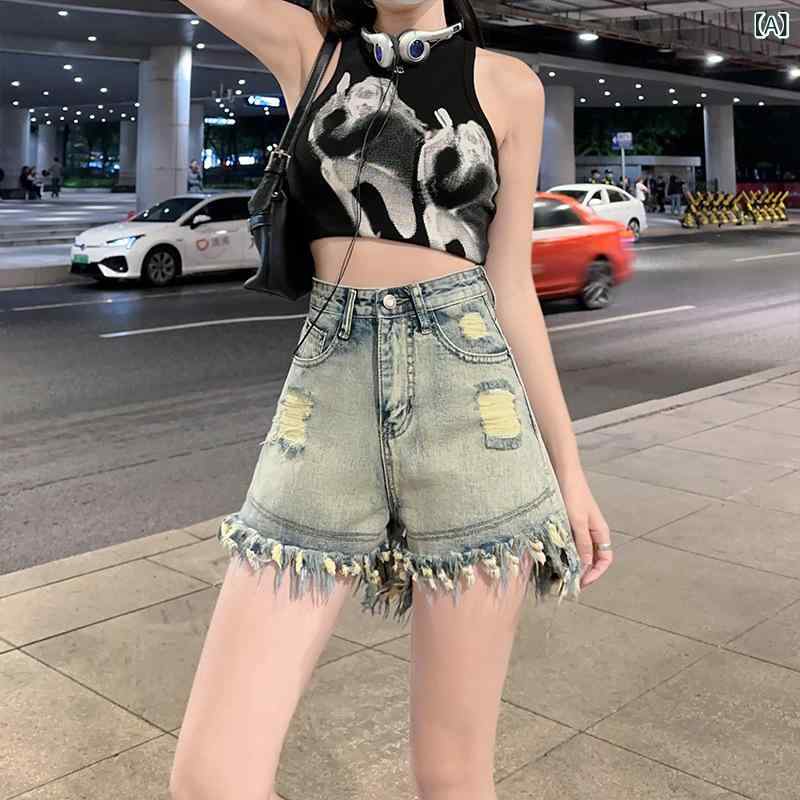 ・カテゴリ: デニムパンツ・スタイル: ストリートカジュアル、セクシー・主な素材: デニム（綿50-70%、ポリエステル）・パンツ丈: ショート丈・ウエスト: ハイウエスト・厚さ: 普通・: フリンジ、ダメージ加工、ヴィンテージ風加工、ジッ...
