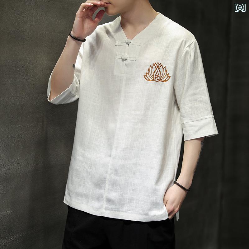 ・カテゴリ: Tシャツ・スタイル: 日式レトロ・主な素材: 綿71%〜80%・素材: 麻混紡・ネックライン: ノーカラー・袖丈: 半袖・柄: 無地・フィット: ルーズフィット・厚さ: 薄手・タイプ: プルオーバー・デザイン詳細: 刺繡・加工...