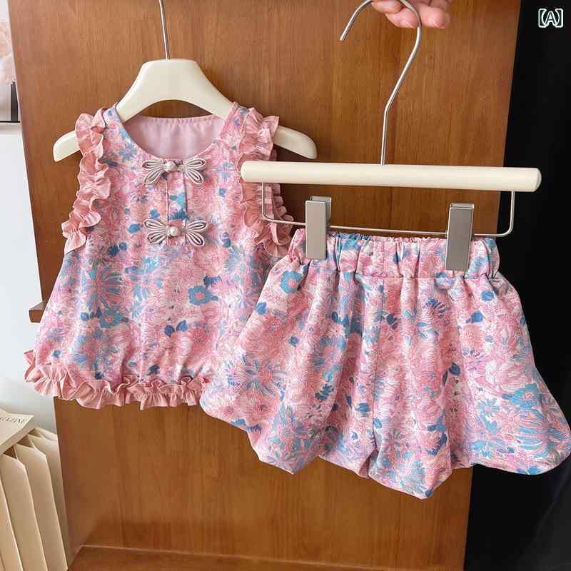 ・カテゴリ: 子供服セットアップ・対象: 女性・スタイル: 中国風・セットアップタイプ: パンツセット・セット内容: 2点セット・対象年齢: 3～8歳 (目安)・袖丈: ノースリーブ・パンツ丈: ショート・生地加工: 柔軟加工・厚さ: 薄手...