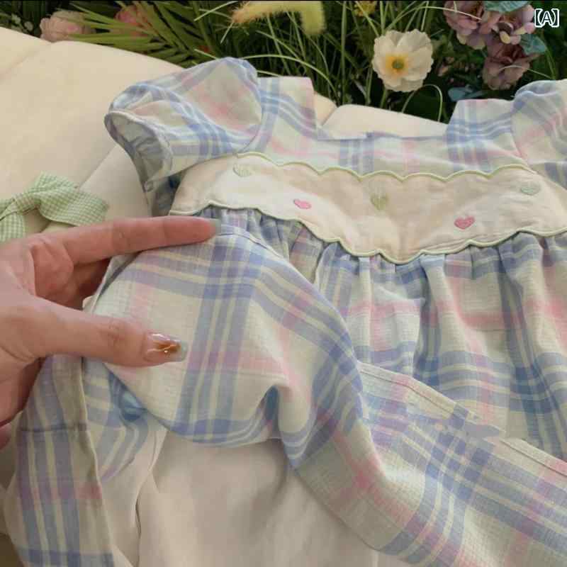・スタイル: 韓国・カテゴリ: ワンピース・主な素材: 綿・性別: 女の子・対象年齢: 3〜8歳・柄: チェック・生地加工: 柔軟加工・袖丈: 半袖・スカートスタイル: プリンセスライン・裏地素材: ポリエステル95%・デザイン要素: プリ...