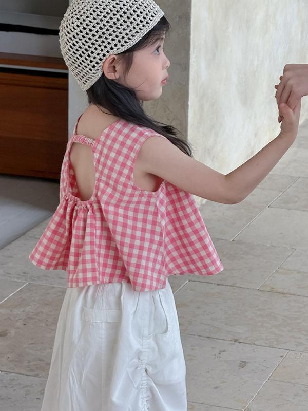 ・カテゴリ: 子供用シャツ・性別: 女性・対象年齢: 3～8歳・スタイル: 韓国・ネックライン: ラウンドネック・生地加工: 柔軟加工・袖丈: ノースリーブ・柄: チェック・主な素材: 綿80%・カラー展開: ピンク、ブルー・サイズ展開: ...