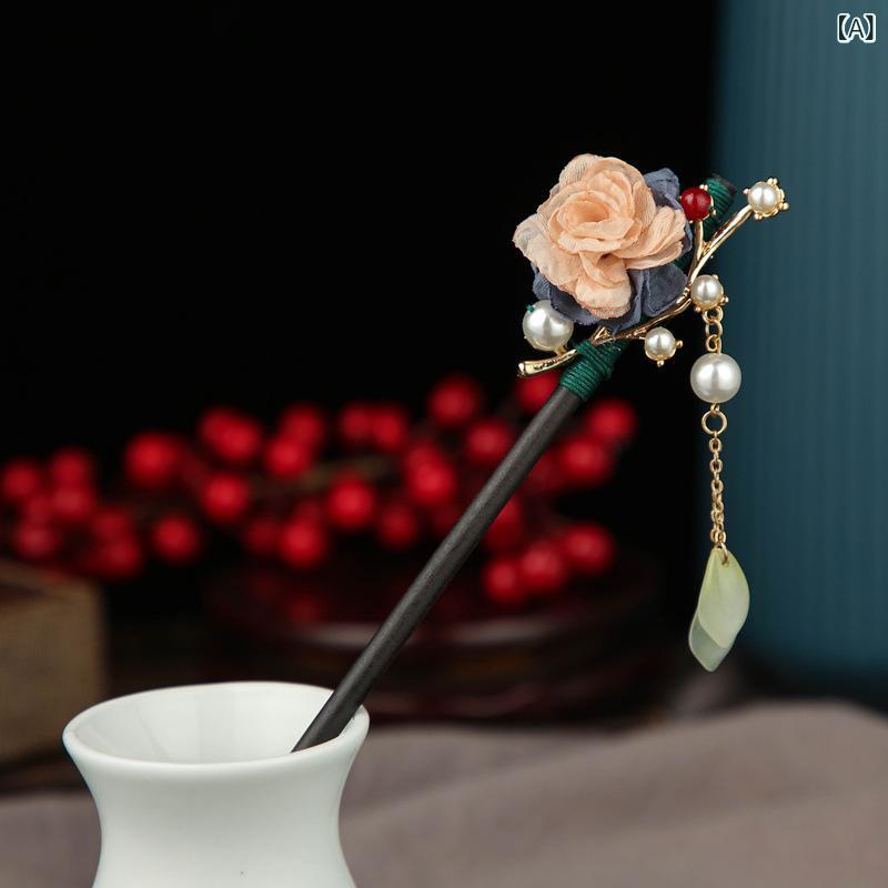 ・カテゴリ: 頭飾・スタイル: 復古・主な素材: 木・柄: 花卉・カラー展開: ピンク、オレンジイエロー、ライトグリーン、シャンパン、プレーン簪