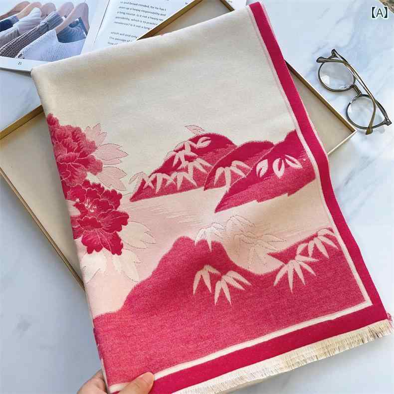 ・スタイル: ロング・柄: 花柄・機能: 保暖、日よけ、防塵・カラー展開: ピンク、オレンジ、ライトブルー、ワインレッド・主な素材: 綿61-70%・素材: フェイクキャッシュメア・スタイル分類: 文艺レトロ・幅: 65cm・使用シーン: ...