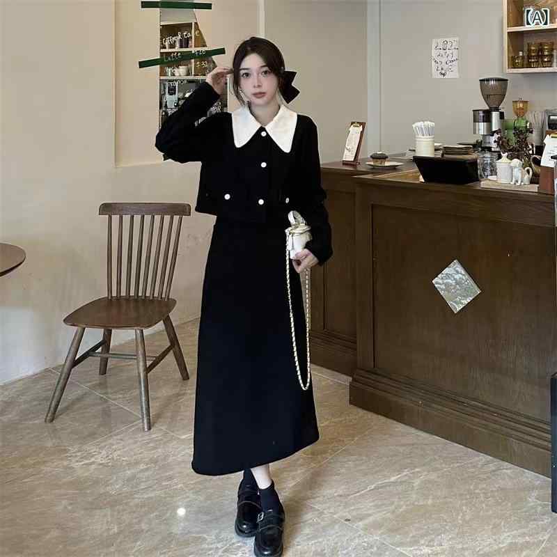 ・カテゴリ: セットアップ・柄: 配色・袖丈: 長袖・素材: コーデュロイ・カラー展開: ブラック・サイズ展開: M、L、XL、2XL・スタイル: 日韓カジュアル・スカート丈: 中長・袖型: 通常袖
