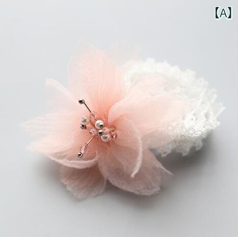 ・カテゴリ: ヘアアクセサリー・スタイル: 韓国・主な素材: 布・: 花・対象: 子供・カラー展開: ピンク、オフホワイト色・サイズ展開: 32cm、40cm・装飾: パール、レース、花