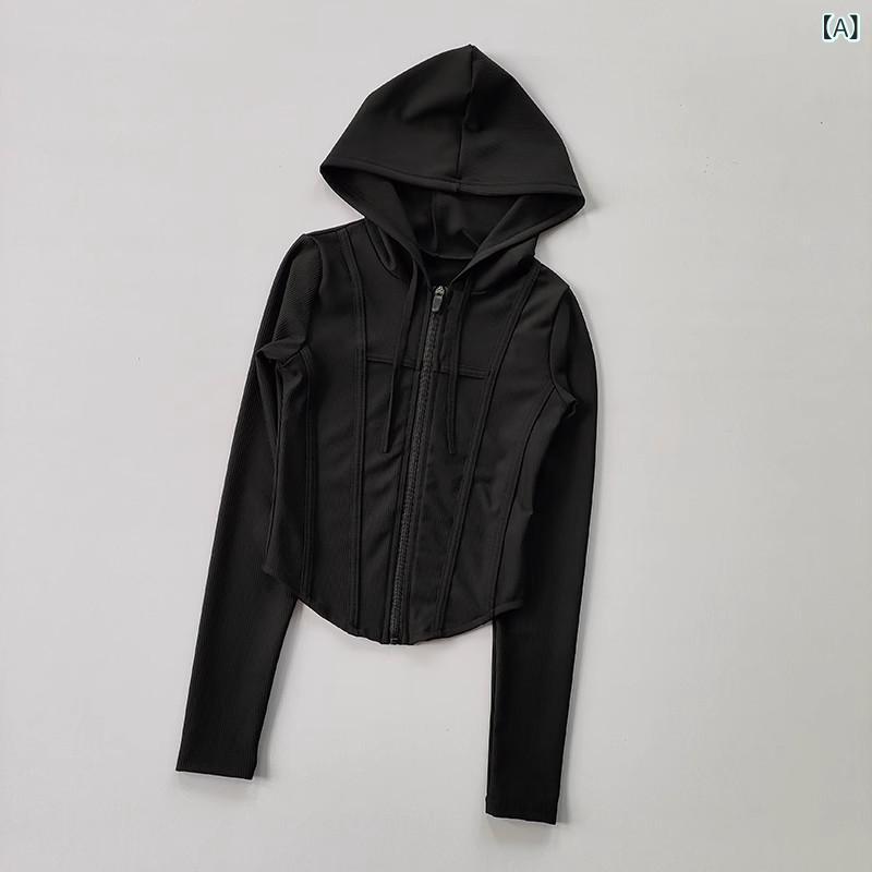 ・袖丈: 長袖・シルエット: タイト・スタイル: フード付き・丈: ヒップ丈・カラー展開: ブラック、ホワイト、ダークブルー・機能: 速乾・主な素材: ナイロン・スパンデックス・サイズ展開: S、M、L、XL・対象: 女性
