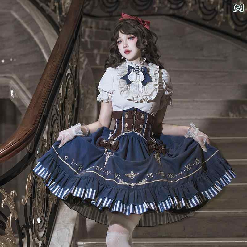 ・セット内容: シャツ、ウエストベルト、膝丈スカート・サイズ展開: S、M、L・主な素材: ポリエステル95%以上・スタイル: クラシカル、甘美