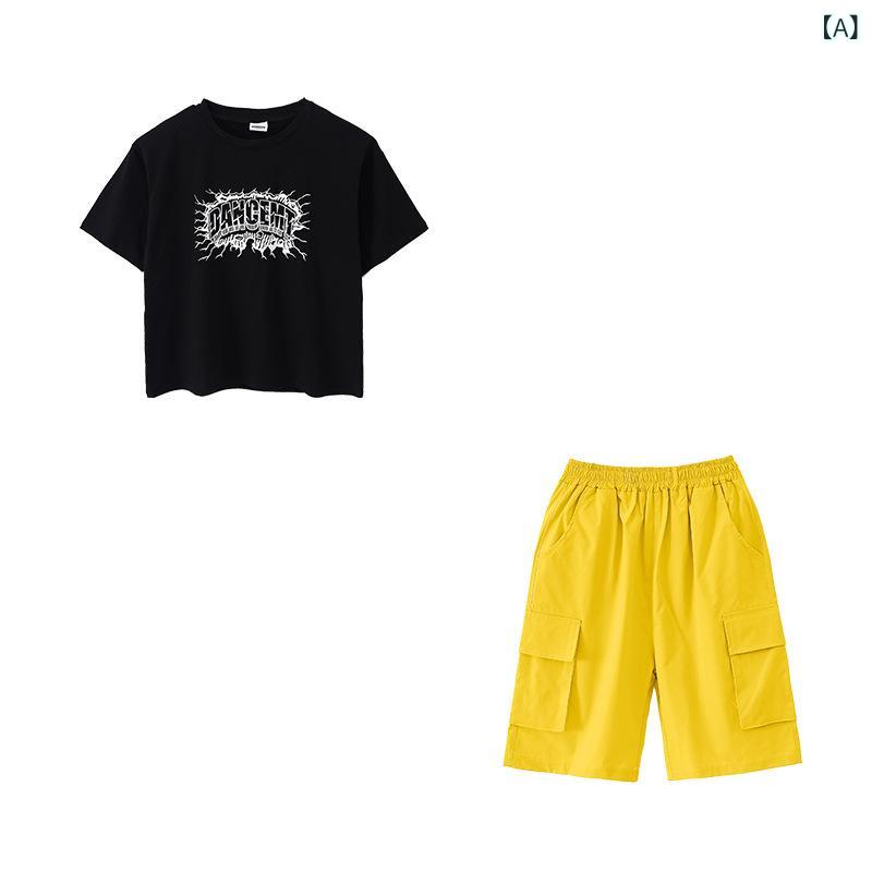 ・カテゴリ: 子供ダンス服・スタイル: カレッジ・主な素材: 綿95%・対象: 男女共通・ダンス: ストリートダンス・要素: セット・生地加工: 柔軟・適合季節: 通年・基準: Bクラス・カラー展開: 黒トップス+黄短裤,黒トップス+黄短裤...