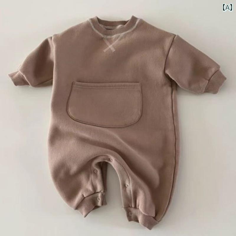 ・カテゴリ: 連体服・スタイル: 韓国・主な素材: 綿95%・袖丈: 長袖・厚さ: 普通・留め具: 隠しボタン・対象年齢: 1〜3歳・対象性別: 男女共用・カラー展開: ブラウン、杏色・対応身長: 66cm、73cm、80cm、90cm