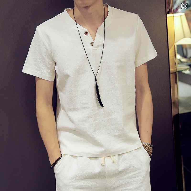 ・カテゴリ: Tシャツ・スタイル: 韓国風・性別: メンズ・対象: 成人・主な素材: 綿60%、麻混紡・柄: 無地・フィット感: スリム・タイプ: プルオーバー・ネックライン: ノーカラー・襟元: Vネック・袖丈: 半袖・厚さ: 薄手・着用...