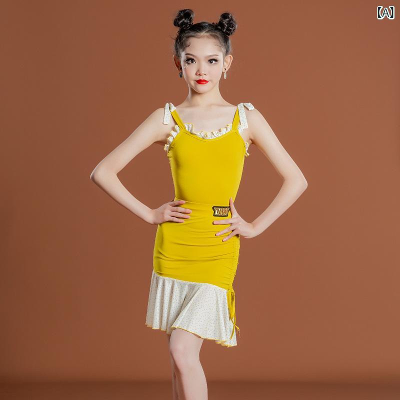 ・カテゴリ: ダンス服・対象: 女の子・用途: ラテン舞・主な素材: ナイロン・素材組成: ビニロン18%・カラー展開: イエロー、ミントグリーン、ピンク・サイズ展開: 110、120、130、140、150、160、170