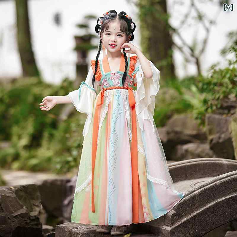 ・カテゴリ: 子供用民族衣装（唐装）・柄: 花柄・生地加工: 柔軟処理・デザイン要素: かわいい、プリンセス、メッシュ、トレンド・性別: 女の子向け・主な素材: ポリエステル95%・スタイル: 中国風・厚さ: 普通・カラー展開: オレンジ・...