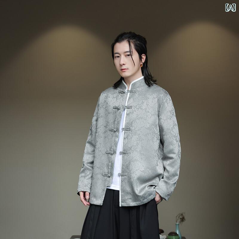 ・カテゴリ: 唐装・ターゲット層: 18-24歳・着用シーズン: 春秋・主な素材: 綿85%混紡・シーン: カジュアル・サイズ感: ビッグサイズ・デザイン詳細: ジャカード織り・加工: パッチワーク、ステッチ・カラー展開: グレー、ブラック...