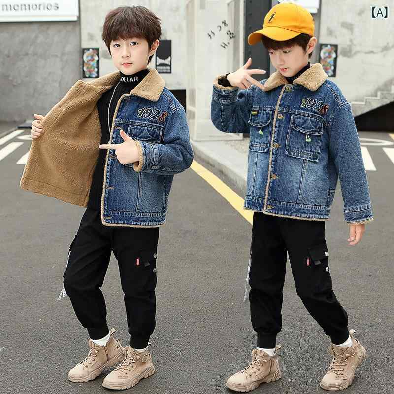 ・カテゴリ: キッズアウター、ジャケット、コート・性別: 男性・スタイル: 韓国風・主な素材: デニム（綿60-70%）・裏地: フリース・ネックライン: スクエアネック・袖丈: 長袖・フード: なし・丈: ショート丈・柄: アルファベット...
