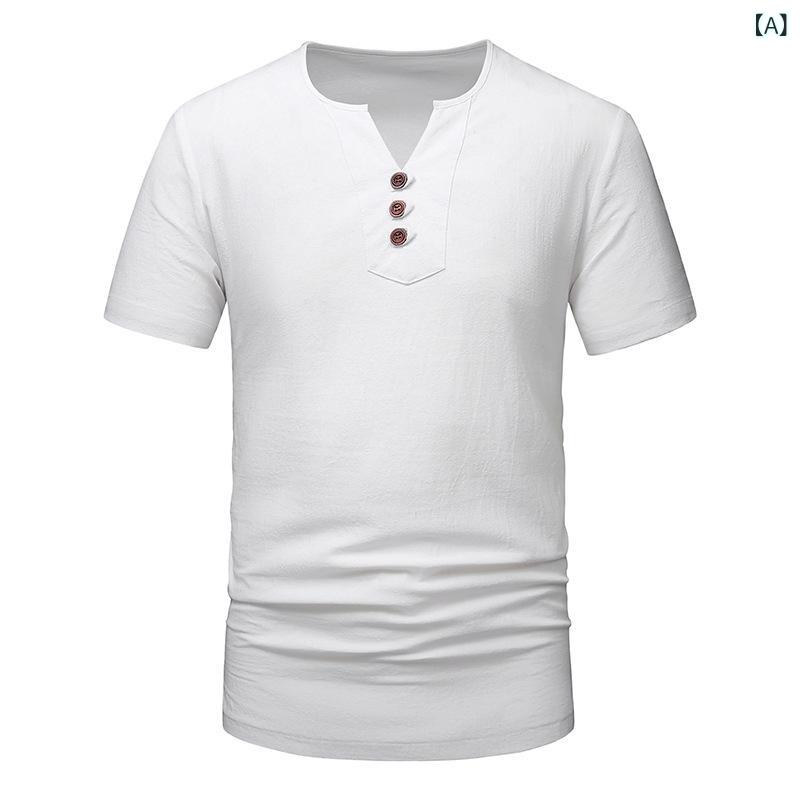 ・カテゴリ: Tシャツ・スタイル: プルオーバー・主な素材: 麻50%、綿50%・柄: 無地・フィット: ルーズ・ネックライン: Vネック・袖丈: 半袖・厚さ: 普通・重さ: 約180g・シーン: カジュアル・詳細: ボタン・加工: ノーア...