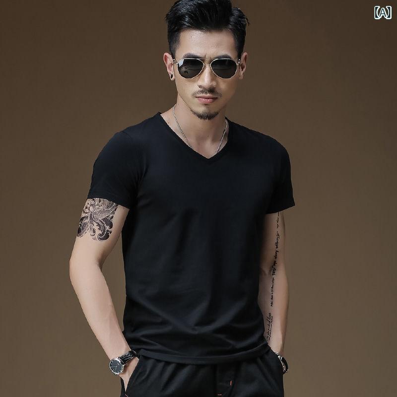 ・カテゴリ: Tシャツ・スタイル: 韓国カジュアル・性別: メンズ・対象: 若年層・主な素材: ポリエステル・ネックライン: Vネック・袖丈: 半袖・袖タイプ: レギュラー・柄: 無地・フィット: スリム・: プルオーバー・厚さ: 薄手・着...