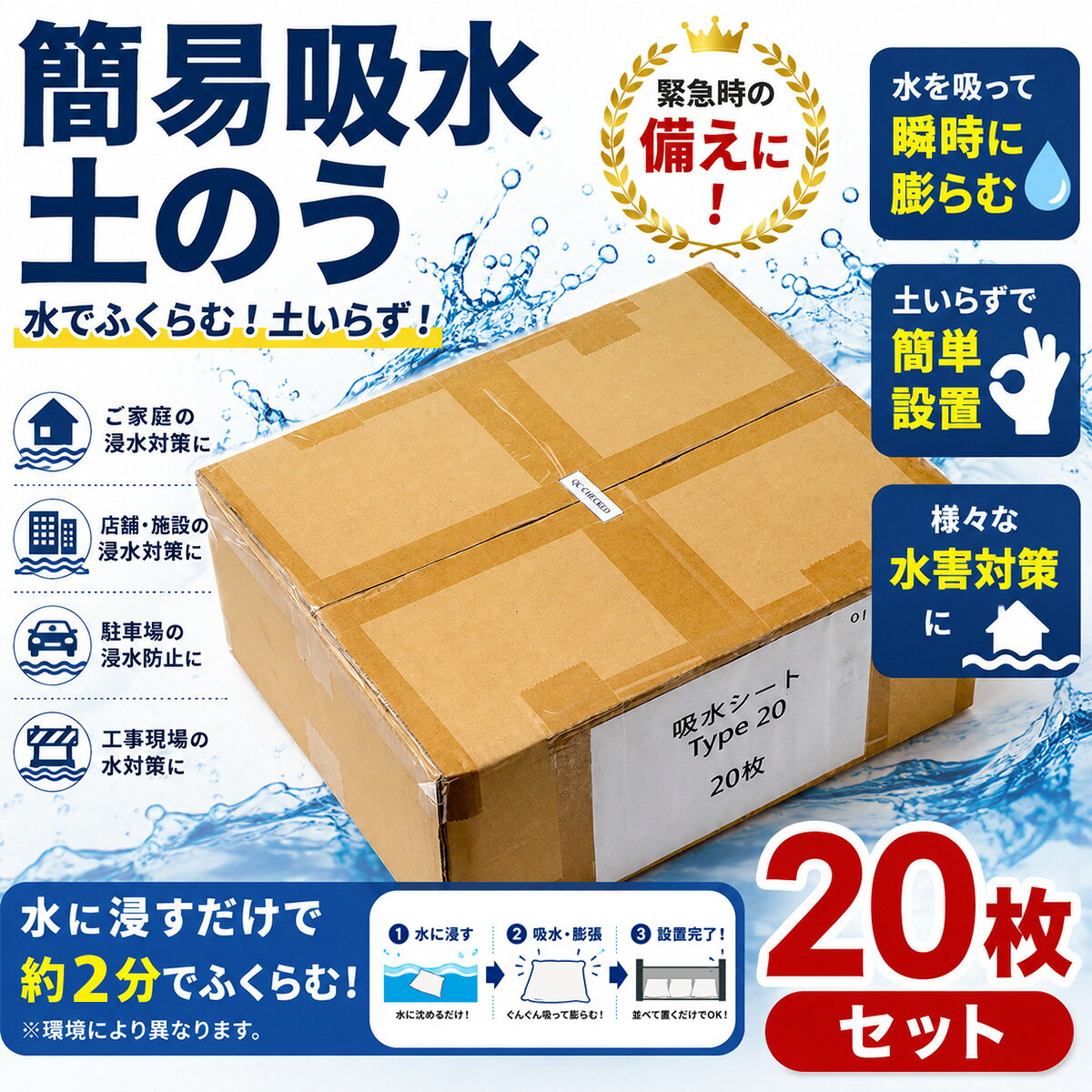 ●製品スペック ●品番：115 ●商品名：簡易吸水土のう　20枚箱セット ●材質：不織布、吸水性ポリマー ●カラー：ホワイト ●保存時のサイズ :約 40cm×30cm×1cm（二つ折りの際のサイズ） ●吸水時のサイズ :約 40cm×50...