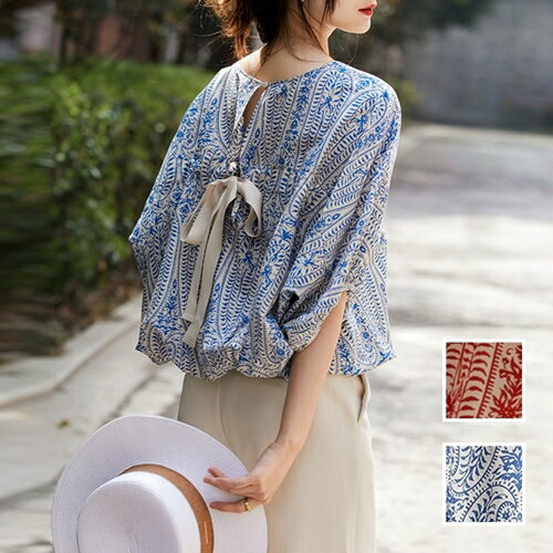 バックシャン商品コード：PTXP673オレンジ/ブルーS M L XLおすすめシーズン：春 夏 秋柄：ペイズリー バイカラー ボタニカル丈：ミディアム袖：半袖 五分袖 袖付き ドロップショルダー ドルマンスリーブ襟：クルーネック ノーカラー...