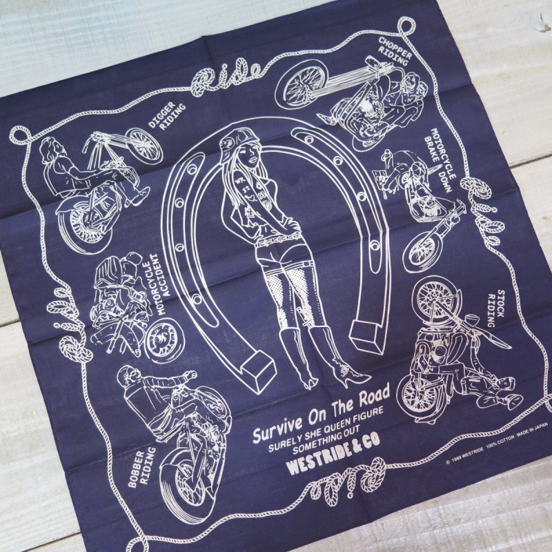 【WESTRIDE SURVIVE BANDANA】 モーターサイクル プリント バンダナ Survive On The Road MADE IN JAPAN 6パターンのモーターサイクルのプリントを施したコットン100％大判のバンダナ。 ...