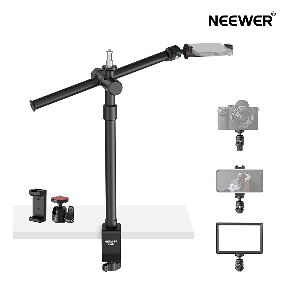 *商品説明： 【複数デバイスを同時に固定】 ●NEEWER DS024カメラ卓上スタンドは、カメラ用1/4"ボールヘッド、1/4"ネジと1/4"ネジ穴付きブームアームを備えており、リングライト、マイク、スマホホルダーを取り付けられ、マルチア...