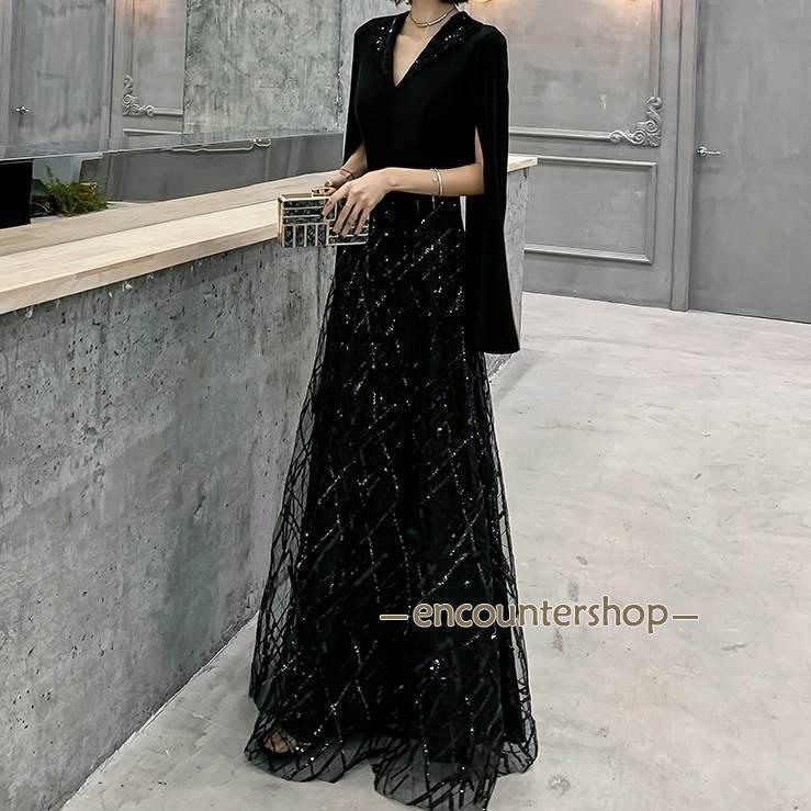 ロング ドレス パーティードレス 個性的 黒 袖あり カッコイイ vネック 結婚式 二次会 お呼ばれ フォーマル 演奏会 ピアノ 発表会 ドレス 大人 可愛い レディース Aライン 長袖 スパンコール モード シック クール スーツ風 ブラ...