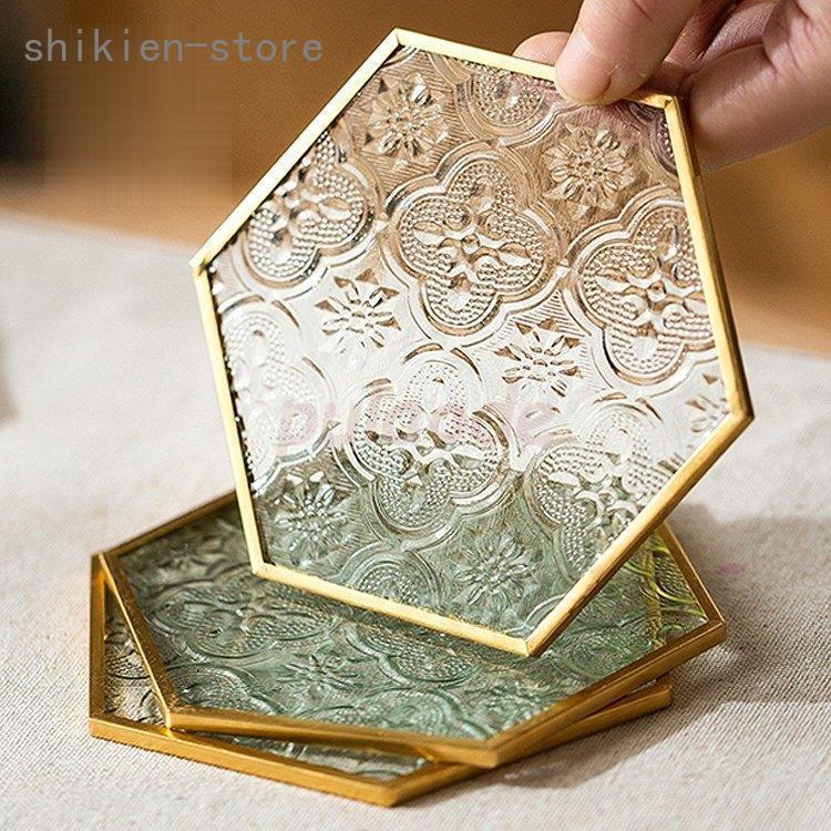 コースター おしゃれ 北欧 キッチン オシャレ ギフト プレゼント gift プチギフト 誕生日祝い 新築祝い 引越し祝い 六角形 クリア 両面デザイン 来客用 テーブルコーディネート クリア ゴールドフェミニン 清潔感 モダン モノトーン...
