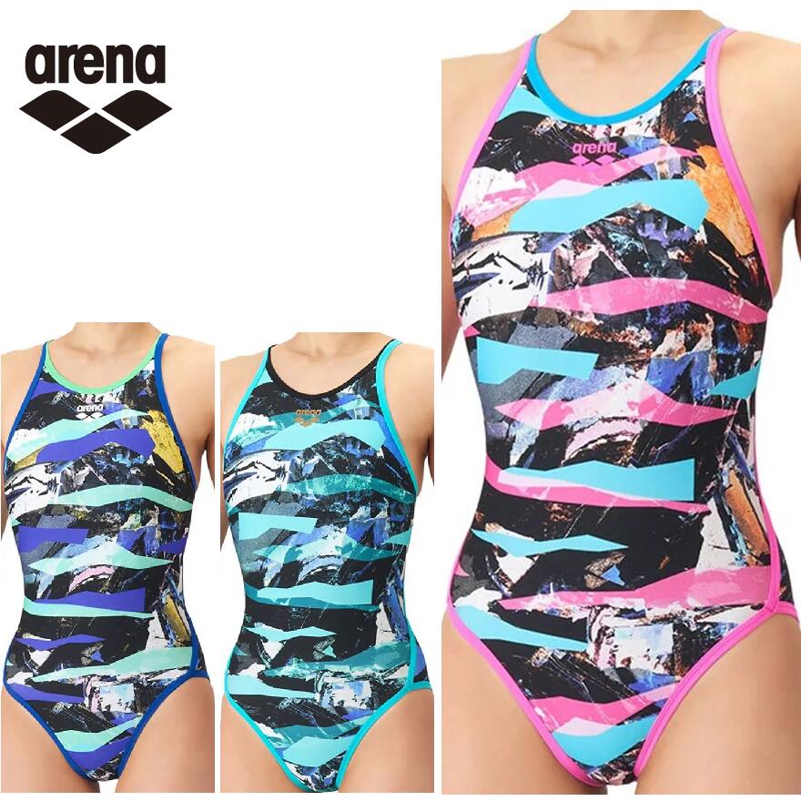 arena アリーナ AS6SWM32L レディース タフスーツ 練習用水着 ワンピース 水泳 競泳 トレーニング水着 オープンバック arenaの練習用水着。様々な写真をコラージュして生まれた奥行きと動きを感じさせるグラフィック。 環境に...