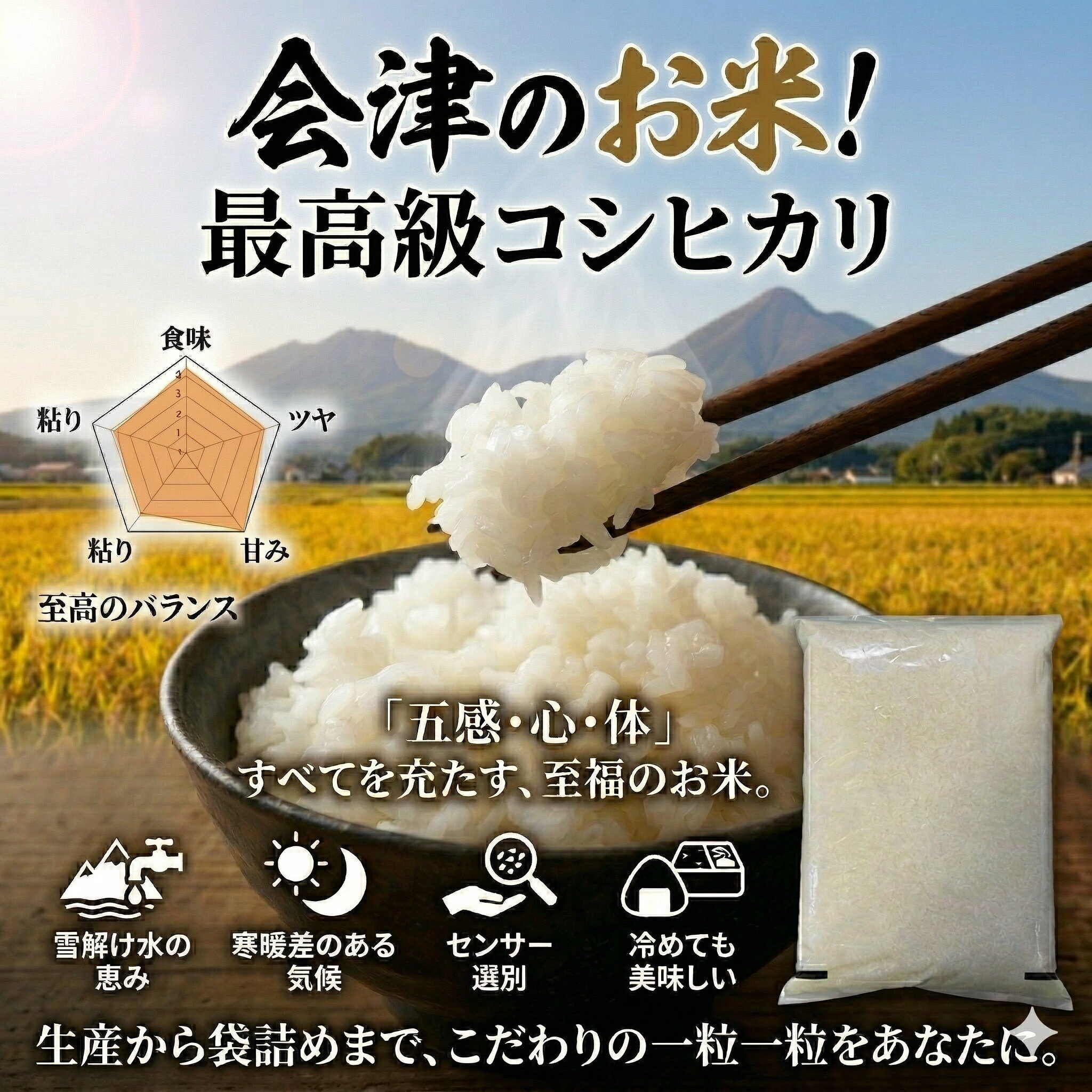 【会津産コシヒカリ｜恵まれた自然環境が育む美味しさ】 ・肥沃な土壌：会津地域特有の粘土質土壌は栄養分が豊富で、良質なお米づくりに最適な環境を実現。 ・昼夜の寒暖差：日中は光合成でデンプンを生成し、夜間の低温で旨みをしっかり蓄えることで、甘み...