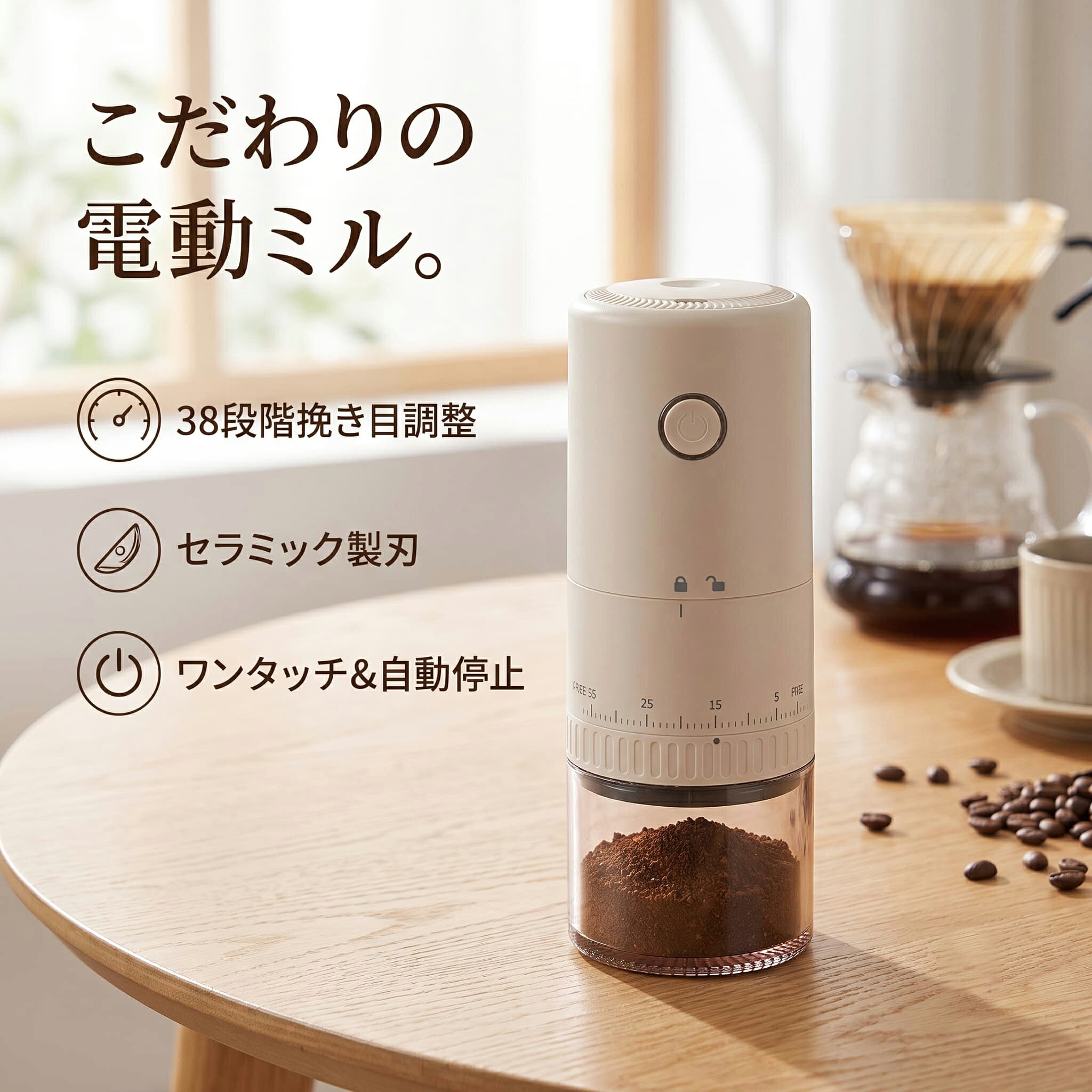 商品情報 【セラミック製コニカル刃でコーヒー本来の香りをキープ】 食品グレードのセラミック製コニカル刃を採用し、熱が伝わりにくいため低温で均一に研磨できます。コーヒー豆の酸化を抑え、本来の豊かな香りと風味をしっかり引き出します。サビに強く金...