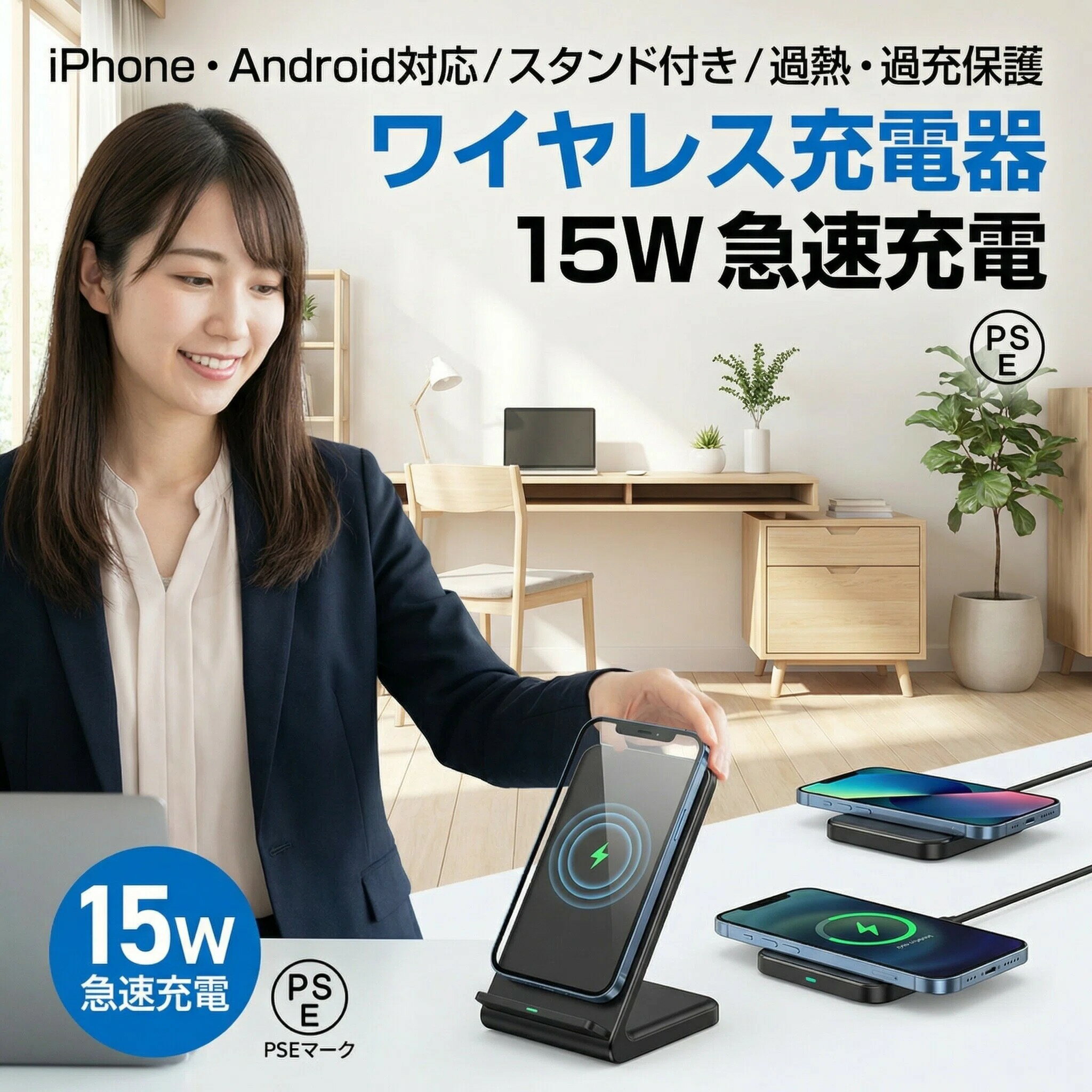 商品説明 商品仕様 商品名：スタンド付きワイヤレス充電器 カラー：ブラック、ホワイト 本体サイズ：12*8*10mm 入力：5V-2A、9V-2A 出力：15W/10W/7.5W/5W USB出力電流：1A 充電距離：0～8mm 材質：AB...