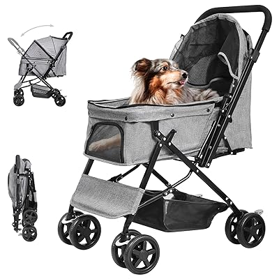ペットカート 軽量 折りたたみ 対面式 2way 犬用ベビーカー 猫バギー 4輪 前輪360度回転 後輪ブレーキ付 中型犬 小型犬 多頭用 猫犬兼用 老犬 お出かけ 通院 介護用 多機能 ペットバギー ドッグカート 耐荷重20KG (グレー...