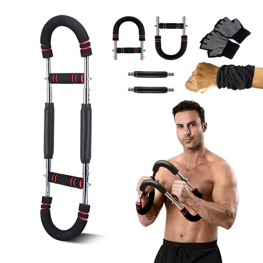 🏆【超コスパ抜群の3点セット】筋トレ器具アームバー(時価3100円相当)+トレーニング用滑り止め手袋(時価650円相当)+トレーニング用汗拭きタオル(時価1000円相当)。アームバー高強度金属ばね、弾性が強く、耐久性があり、...