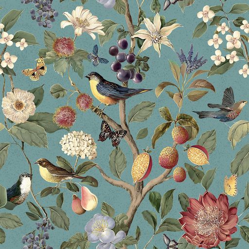 華やかな花鳥柄で空間を演出:スカイブルーを基調に鳥や花、果実を描いたボタニカルデザイン。和風・ヴィンテージテイストで、リビングや寝室、玄関など様々な空間に温かみとエレガントさをプラス。1ロール(44.5cmx3m)で約1.34m2をカバーし...