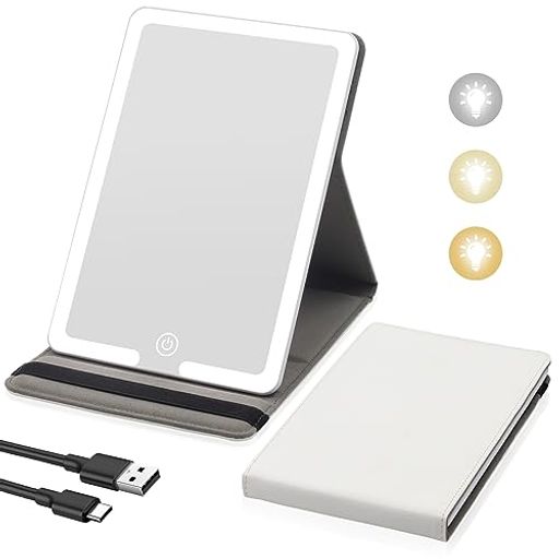 【ライト付きミラー】:充電式LEDライト付きミラーで、暗い場所も明るく快適なメイク空間を実現します。ホテルや共有スペースの照明不足も問題なしです!いつでもどこでも理想的なメイク環境を提供し、旅行時の化粧鏡悩みを解消します。 【3色調&amp...