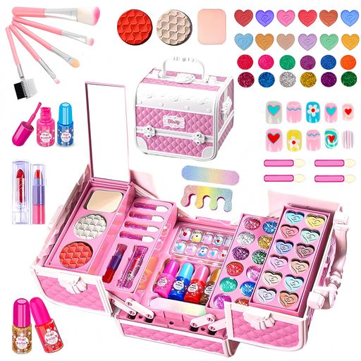 【女の子の夢を叶えるメイクセット】アイシャドウリップグロスグリッターパウダーネイルポリッシュ口紅マニキュアフィンガーセパレーターネイルシールパフチークメイクブラシアイシャドウブラシメイクアップケースがセットになった可愛いメイクセットおもちゃ...
