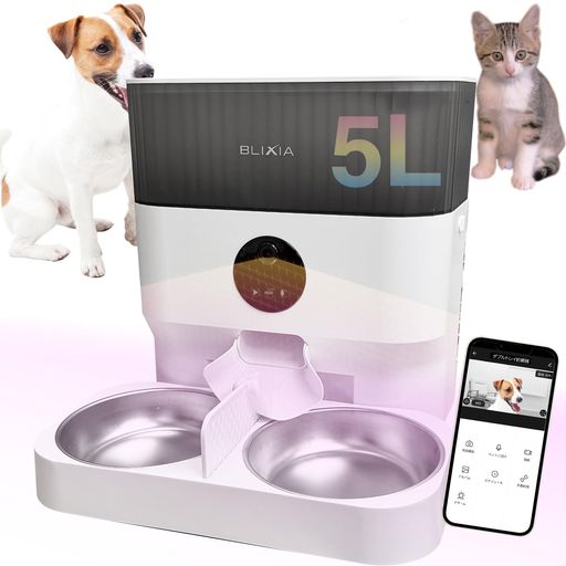 自動給餌機 😺【ペット見守りカメラ付き】外出先からごはんをあげられる猫・犬用自動給餌器アプリを使用して外出先からごはんをあげることができる自動給餌器です。もちろん手動でも給餌できます! 😺【5L大容量・2匹用...