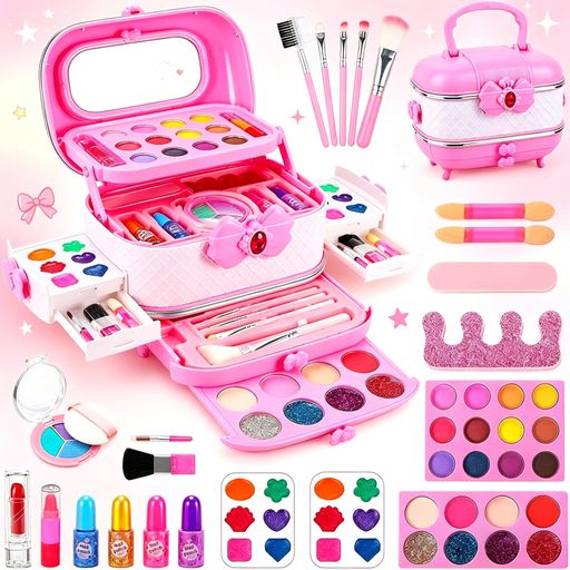 🎀【メイクセットおもちゃ57個入り】Kabeilaお化粧おもちゃは3~12歳の子供のメイクに適しています。子供用メイクアップボックスには複数のコンパートメントがあり、すべてのアイテムはきちんとしたスーツケースに梱包されており...