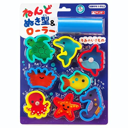 うみのいきものシリーズ ローラーでねんどをのばしてぬき型で抜くだけでつくれます。 かめ・いるか・まんぼう・かに・さかな・たこ・ひとで・たつのおとしごの8種類いり 抜き型の色はランダムです。