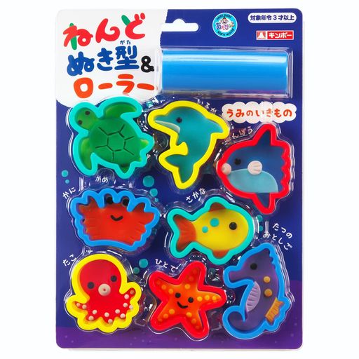うみのいきものシリーズ ローラーでねんどをのばしてぬき型で抜くだけでつくれます。 かめ・いるか・まんぼう・かに・さかな・たこ・ひとで・たつのおとしごの8種類いり 抜き型の色はランダムです。