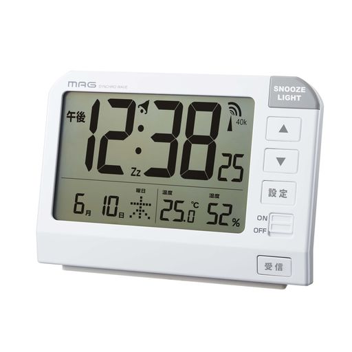 機能:電波受信機能(自動受信、手動受信)、電波受信状況表示、カレンダー表示、温度表示、湿度表示、12/24時間表示切替、電子音アラーム、スヌーズ機能、バックライト (残照機能付き) 推奨電池:単3アルカリ乾電池x2 (別売) 本体サイズ:(...